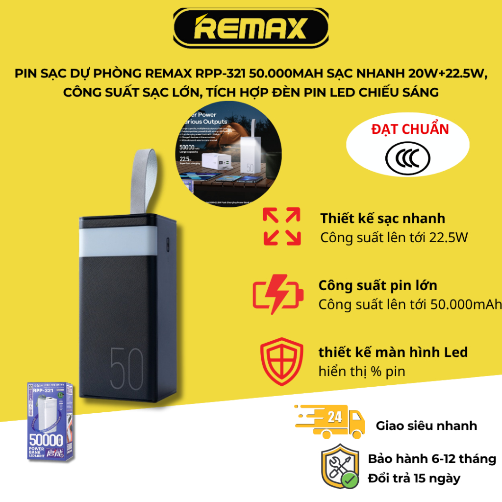 Pin sạc dự phòng Remax RPP-321 50.000mAh sạc nhanh 20W+22.5W, công suất sạc lớn, tích hợp đèn ...