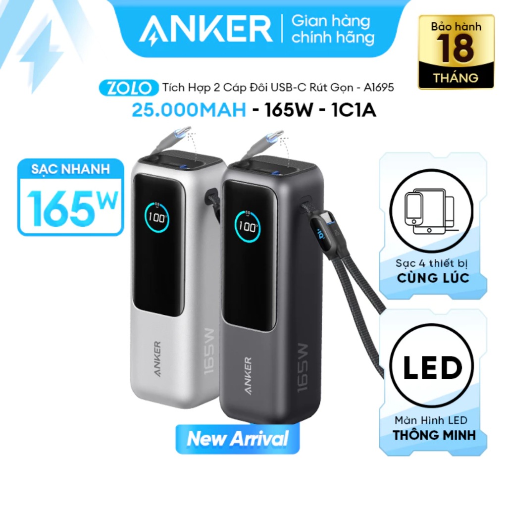 Pin dự phòng Anker Zolo Power Bank 25000mAh A1695 công suất 165W, cáp USB-C tích hợp có thể thu ...