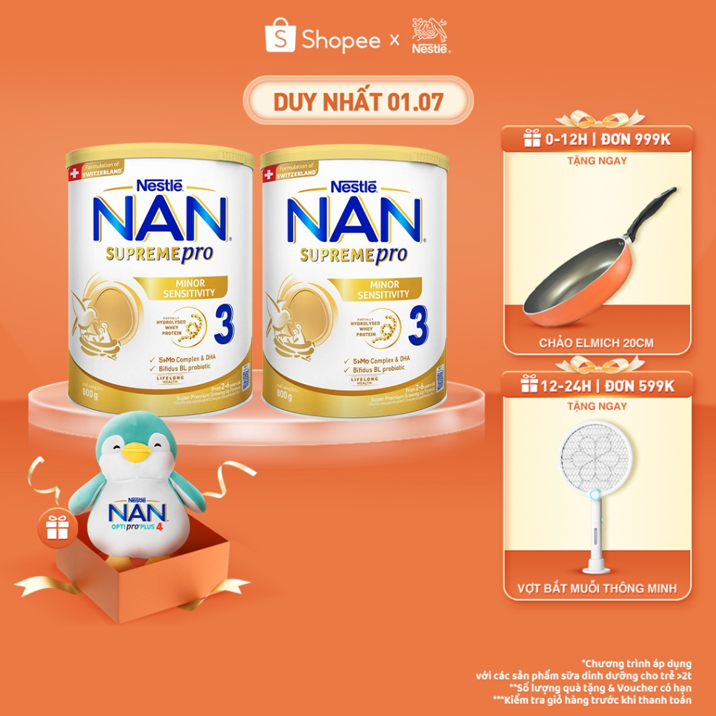 [Tặng gối chim cánh cụt]Bộ 2 Lon Sữa bột Nestlé NAN SUPREMEPRO 3 800g nhập khẩu Đức đạm Gentle ...