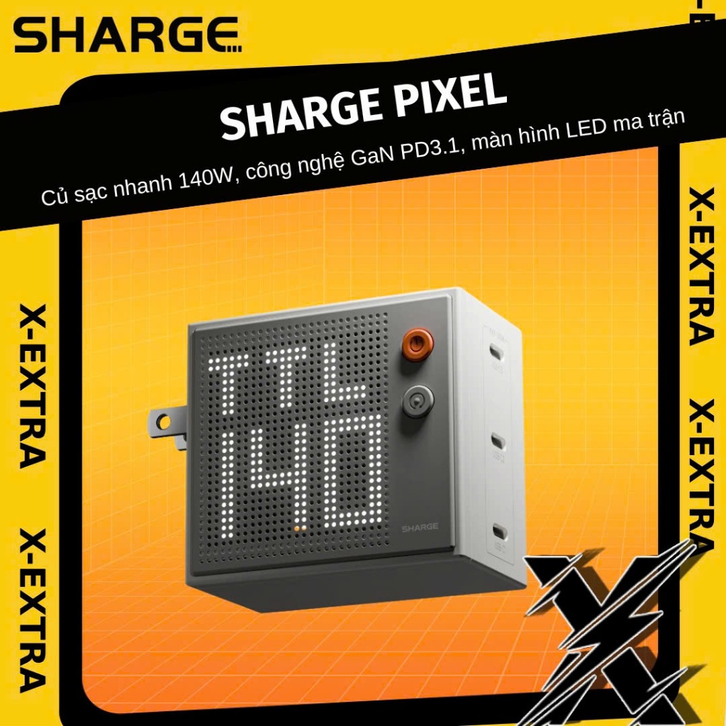 Củ sạc nhanh Sharge Pixel 140W, 100W, công nghệ GaN với PD3.1, màn hình ...