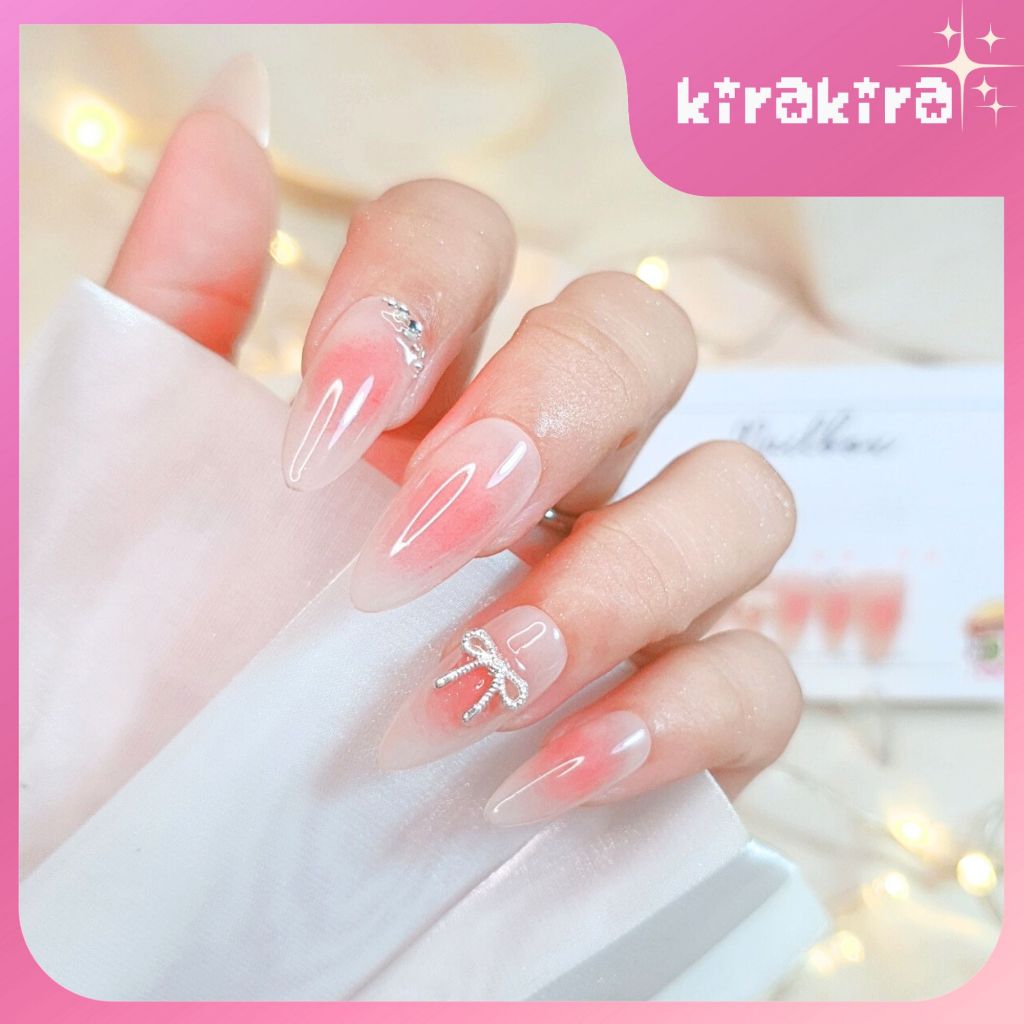 Nail box thiết kế móng giả – Mẫu thạch hồng lòng đào đính nơ đá trắng ...
