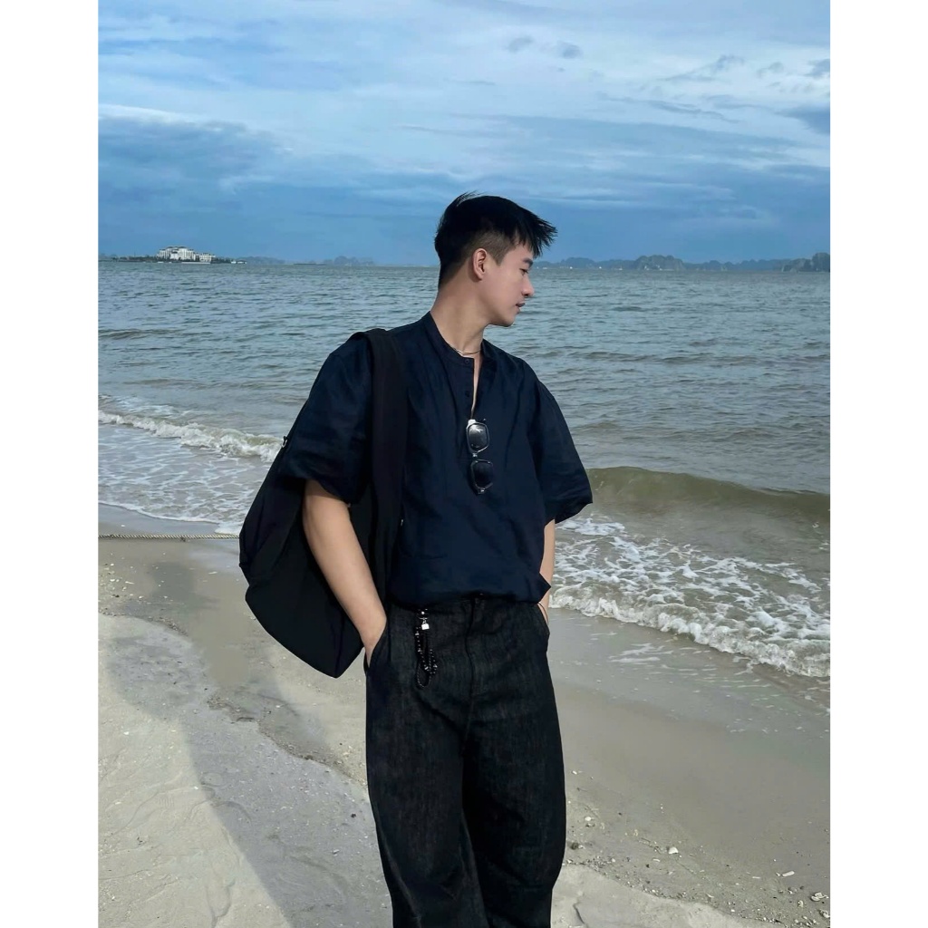 Áo sơ mi nam chui đầu linen tưng màu xanh than Migi Shirt by Scott Sor ...