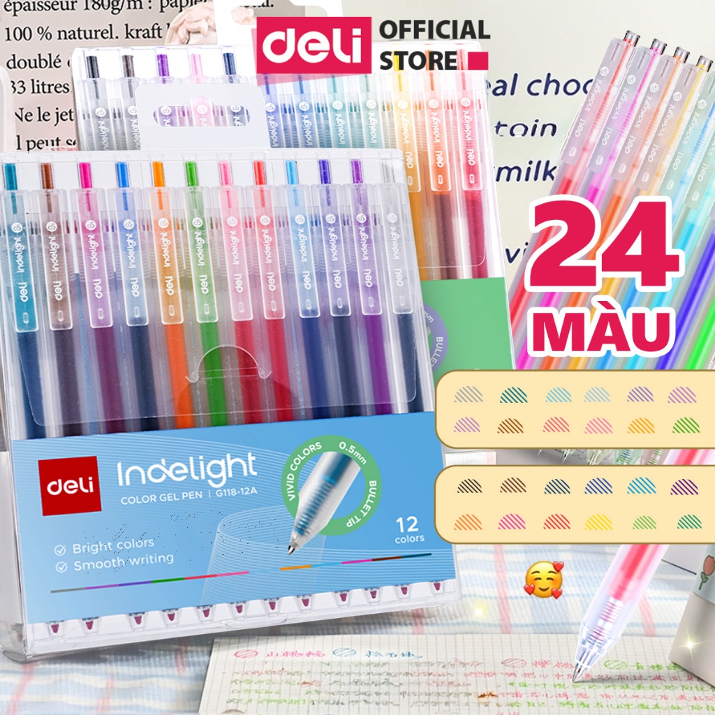 [🔥DEAL 29K] Set 12 màu bút bi nước mực gel bấm nhiều màu 0.5mm Deli ...