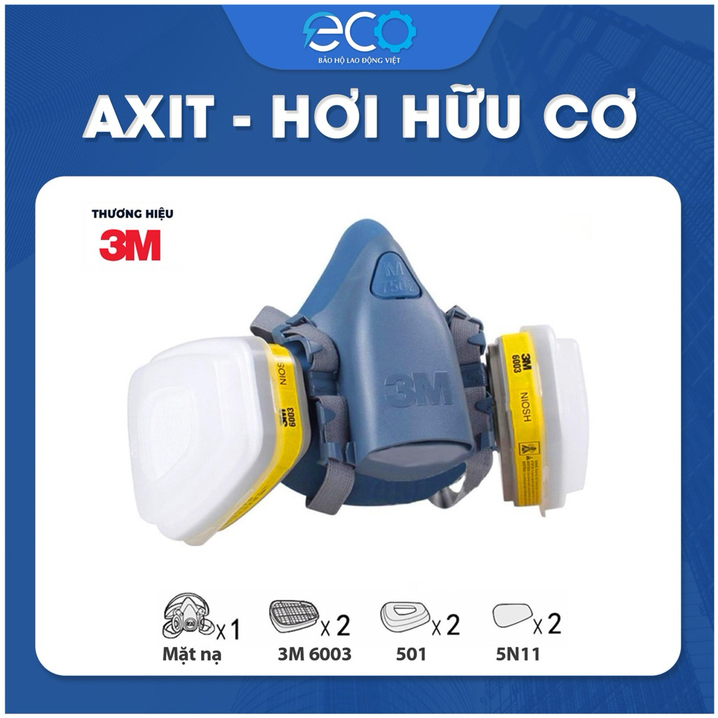 Combo (7 món) mặt nạ phòng độc 3M 7501, 7502 kết hợp phin lọc 3M 6003, tấm lọc bụi 5N11 cùng nắp ...