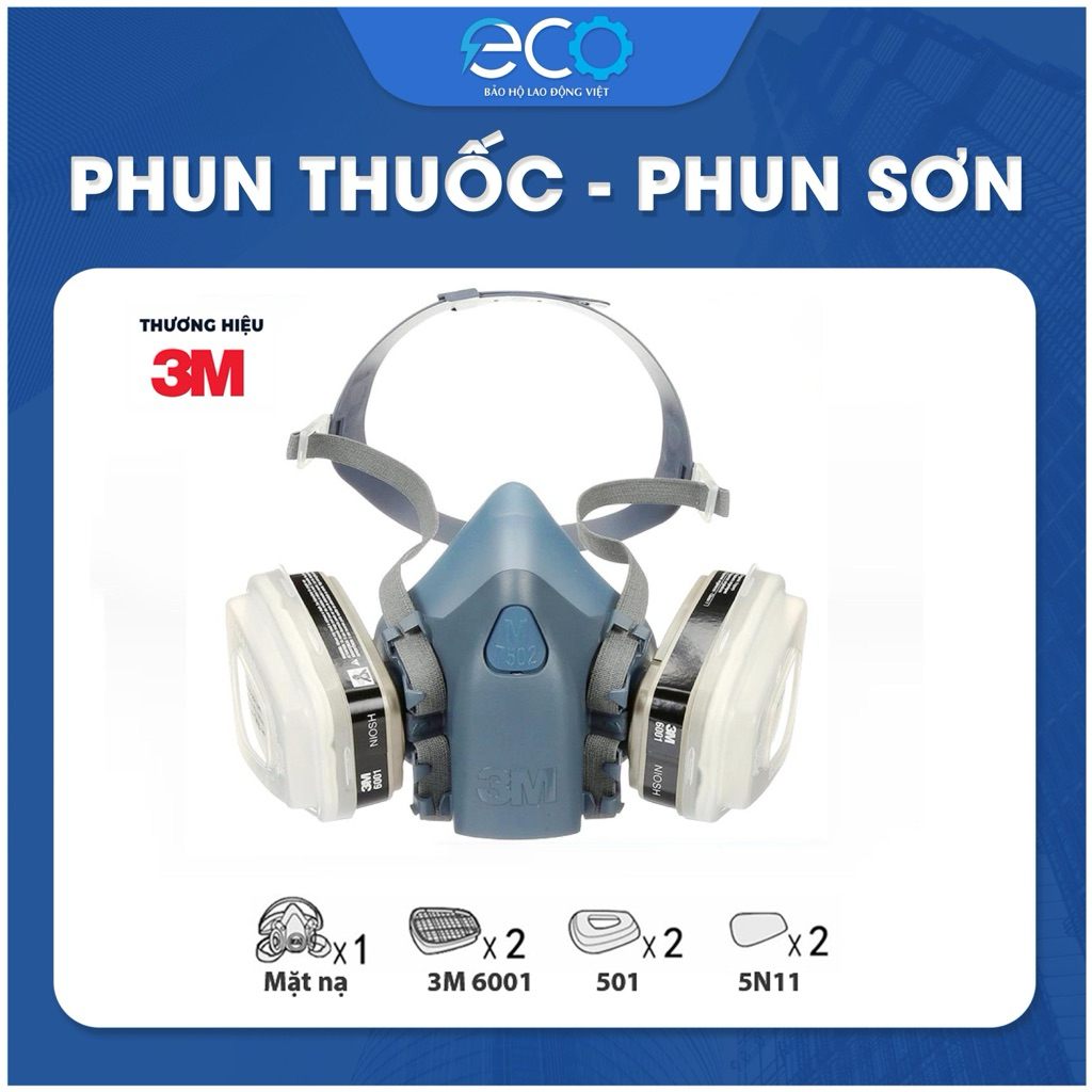 Combo (7 món) mặt nạ phòng độc 3M 7501, 7502 kết hợp phin lọc 3M 6001, tấm lọc bụi 5N11 cùng nắp ...