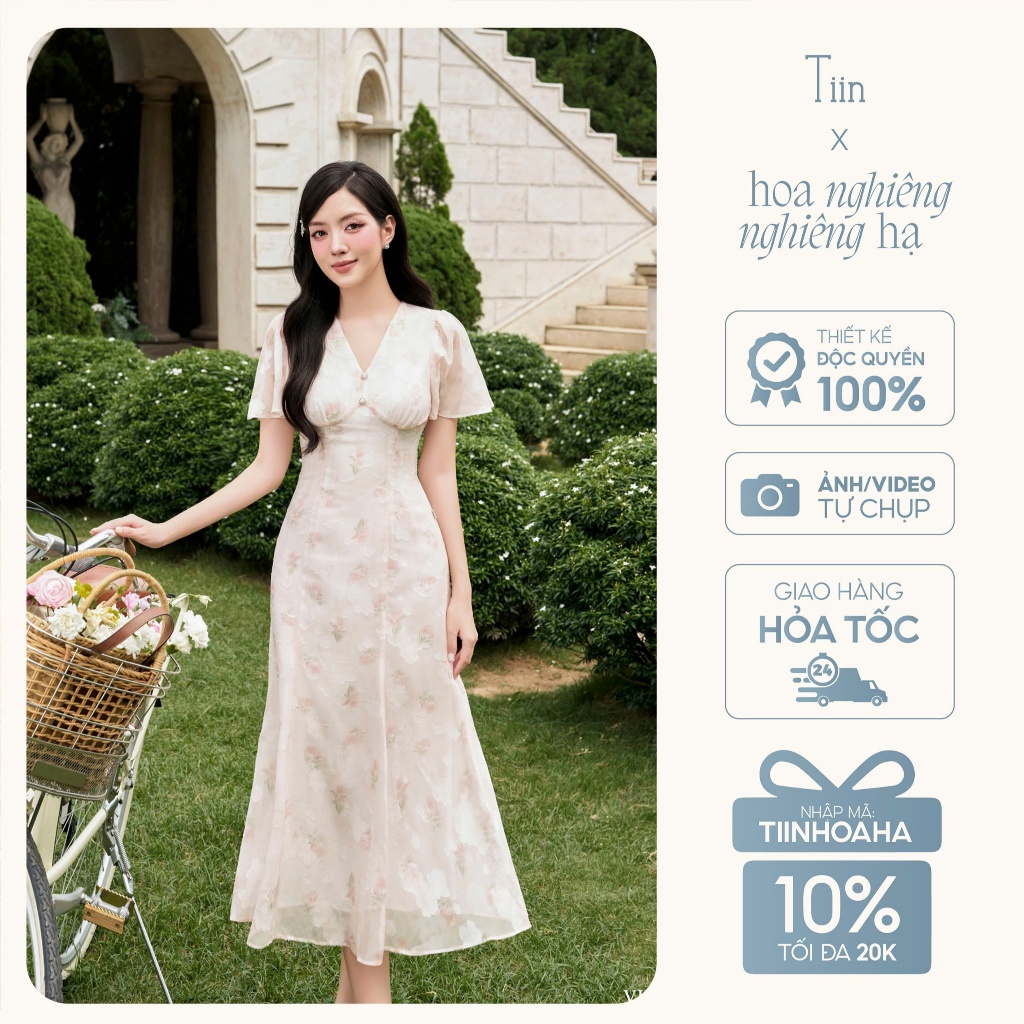 Váy đầm hoa thiết kế nữ TIINSTORE cổ tim cúp ngực dáng xoè đuôi cá ...