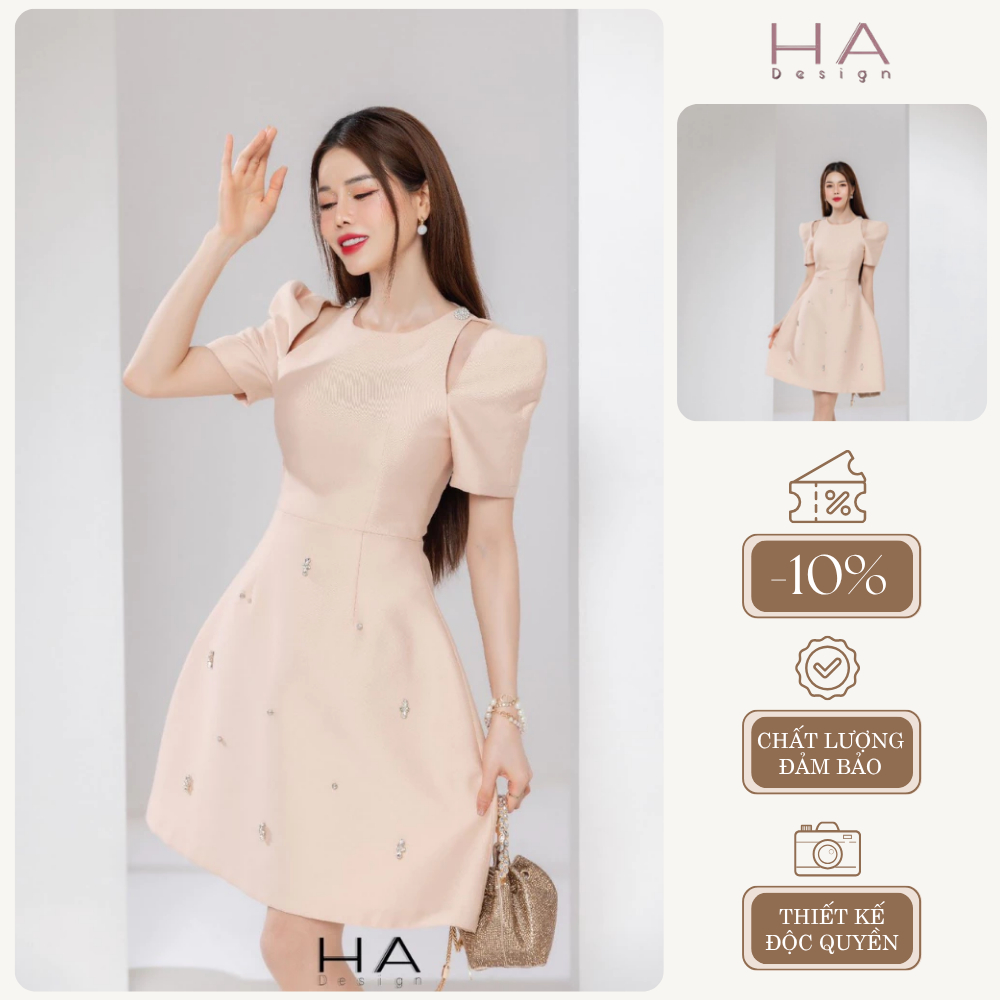 Váy thiết kế cổ yếm khoét vai dáng xoè đính đá, Đầm dự tiệc cao cấp, nhẹ nhàng nàng thơ, HA09 ...