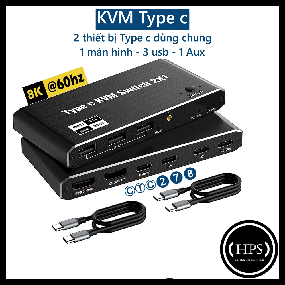 KVM Type c từ 2 thiết bị dùng chung 1 màn hình (HDMI/ DP), 3 USB, 1 cổng âm thanh 3.5, hỗ trợ ...