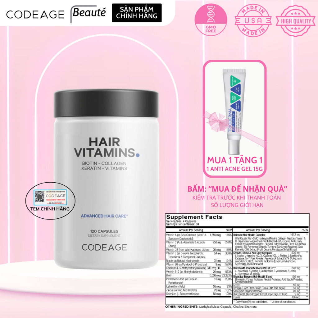 Viên uống Hỗ trợ kích thích mọc tóc, cải thiện nang tóc, dưỡng bóng CodeAge Vitamin Hair 120 ...