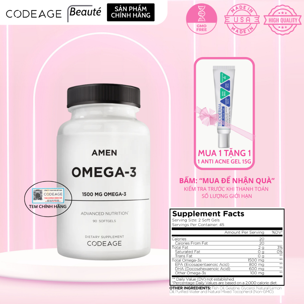 Viên Uống Dầu Cá Codeage Amen Omega-3 Hỗ trợ Tăng Cường Sức Khỏe, Đẹp Da 90 viên - beaute ...