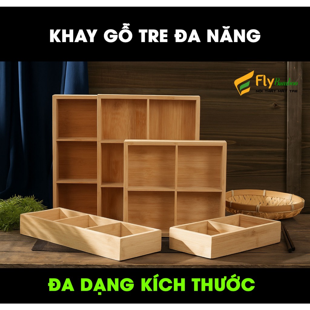 Khay đựng đồ đa năng nhiều ngăn gỗ tre, khay decor, khay chia ngăn ...