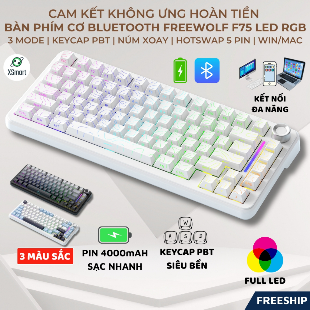 Bàn Phím Cơ FreeWolf F75 Ultra Gasket Êm, LED RGB, Hotswap 5 Pin Mạch Xuôi, 3 Mode, Pin Sạc Núm ...