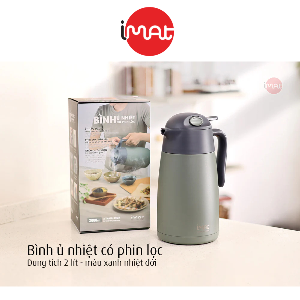 Bình ủ nhiệt Imat có phin lọc 2000ml màu xanh nhiệt đới, ruột bình, phin lọc làm bằng Inox 304 ...