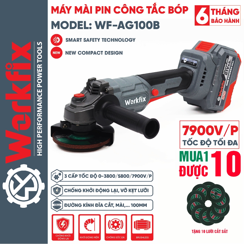 Máy Cắt Pin, Máy Mài Pin WORKFIX WF-AG100B, MÀU XÁM, Có tính năng chống ...