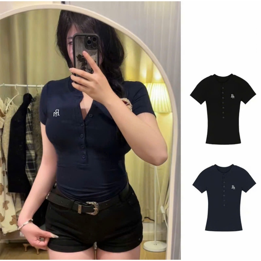 Áo kiểu croptop cúc cài ,áo thun ôm body 6 cúc màu xanh than RN chất ...