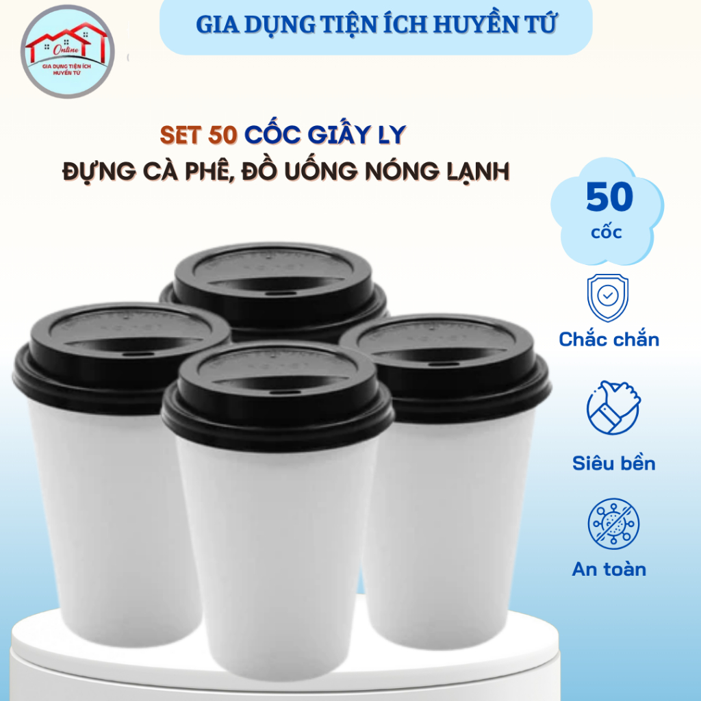 Set 50 cốc giấy ly giấy màu trắng 9Oz~270ml đựng cà phê, đồ ăn uống nóng lạnh, có nắp hoặc không ...