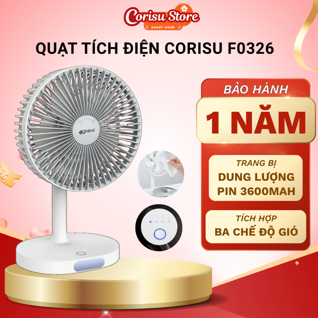 Quạt tích điện CORISU F0326 dung lượng pin lớn 3600mAh, 3 cấp độ gió, dùng 3-5 tiếng liên tục ...