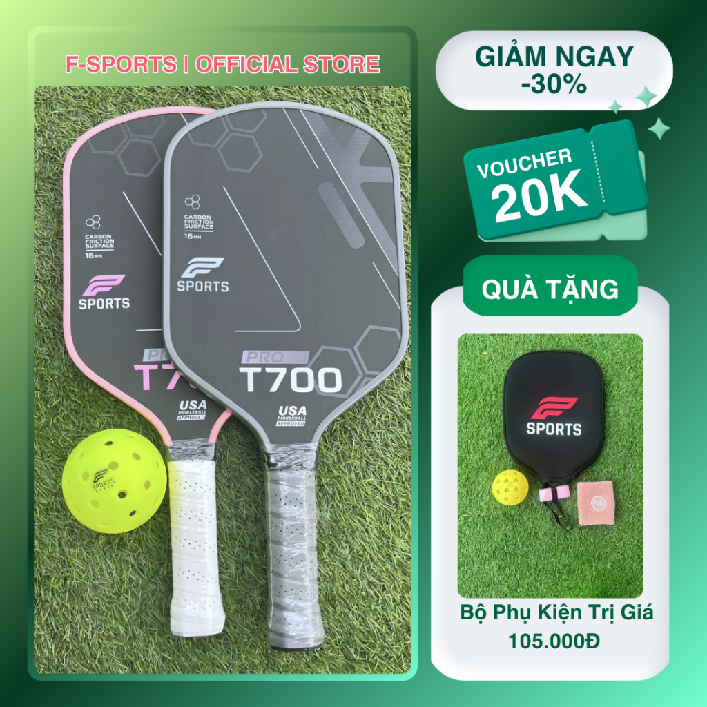 Combo 2 Vợt Pickleball T700 Pro Chính Hãng F Sports, bề mặt Carbon nhám ...