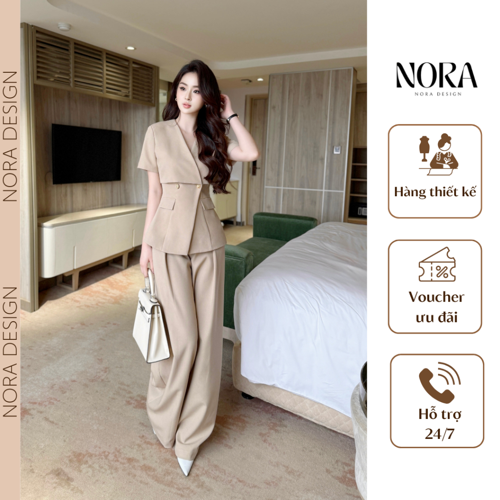 Set quần áo công sở, dự tiệc NORA - Áo cổ V phối quần ông suông sang ...