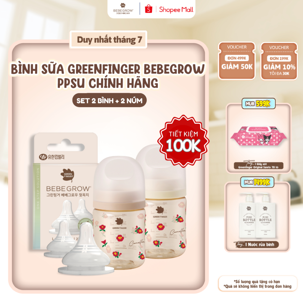 [Combo 2 Bình + 2 Núm] Bình sữa núm ti cho bé Greenfinger Bebegrow chất liệu nhựa PPSU an toàn ...