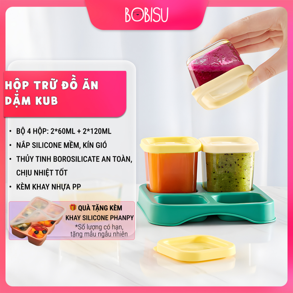 KUB | Bộ 4 Hộp Đựng Đồ Ăn Dặm Bằng Thủy Tinh (2x60ml + 2x120ml) Kèm ...