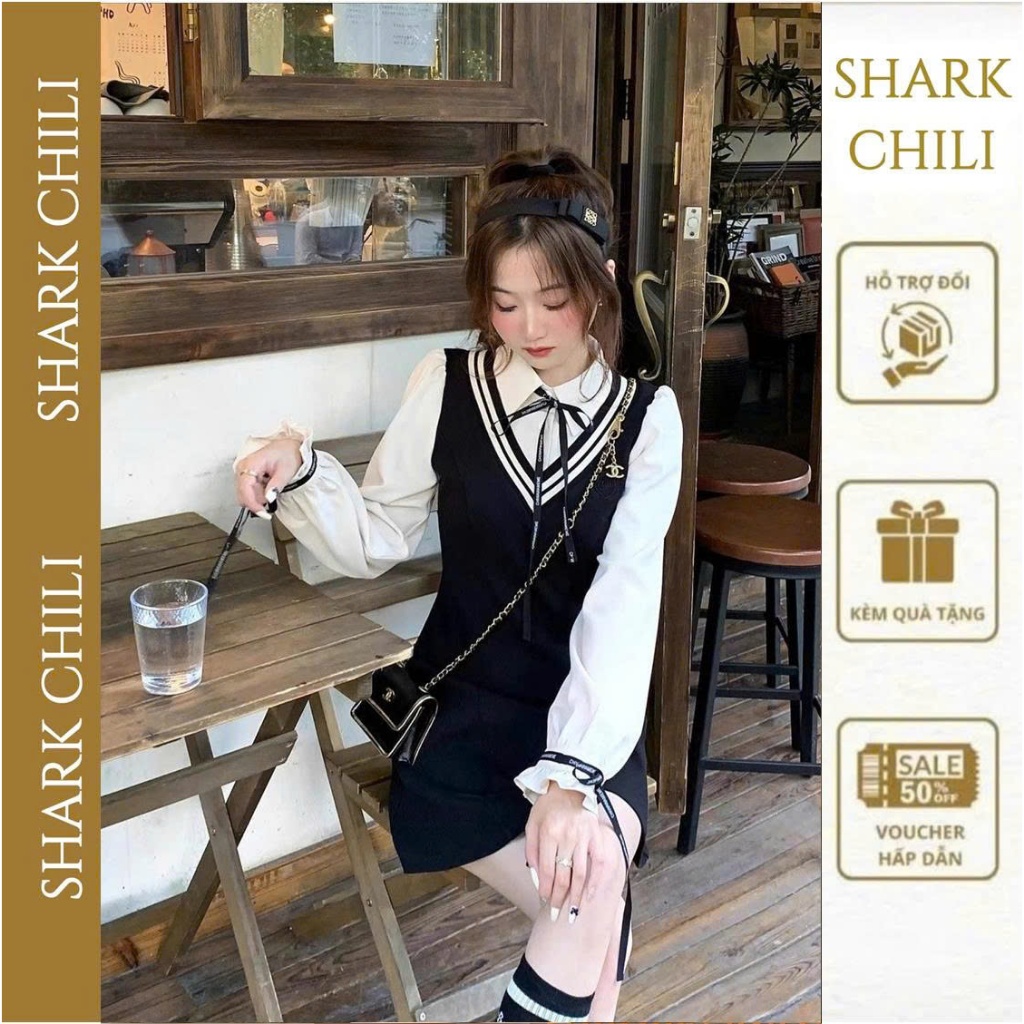 Váy nữ tiểu thư Shark Chili Đầm Basic Hàn Quốc chụp kỉ yếu sơ mi ...