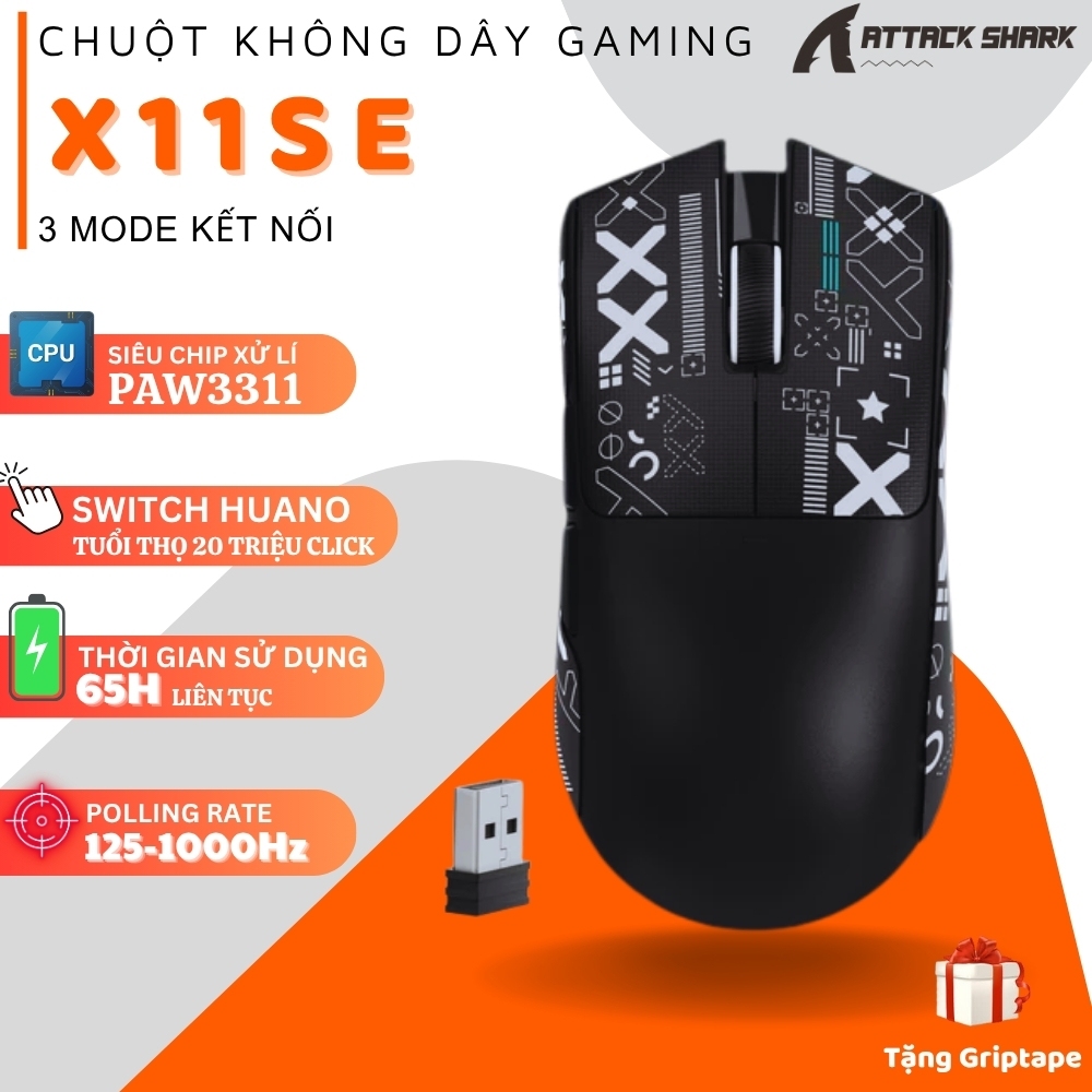 Chuột Không Dây Gaming Attack Shark X11SE - Siêu Nhẹ 63g, 3 Chế Độ Kết Nối DPI 22000 Pin Trâu 65 ...