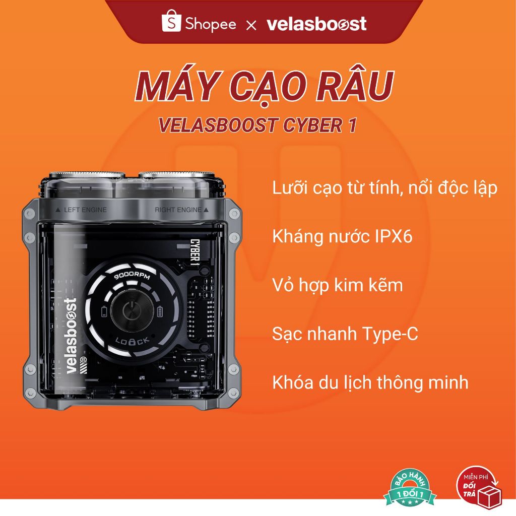 Máy cạo râu Velasboost Cyber 1, Lưỡi cạo từ tính, Kháng nước IPX6, Sạc ...