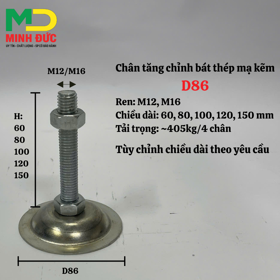 Chân tăng chỉnh bát thép mạ D86, ren M12-M16, L60- L160mm, tải trọng ...