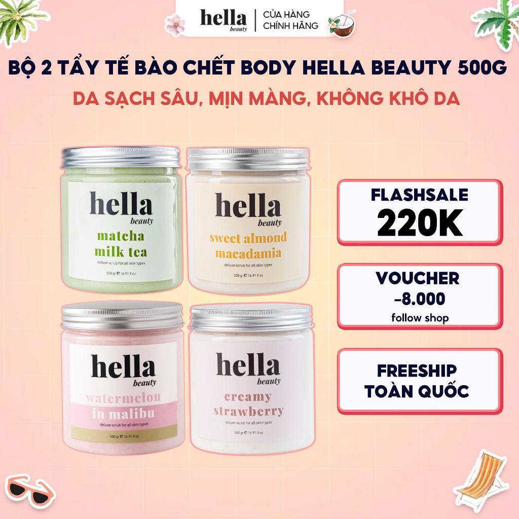 Bộ 2 tẩy tế bào chết body Hella Beauty 500g giúp làm sạch sâu hỗ trợ ...