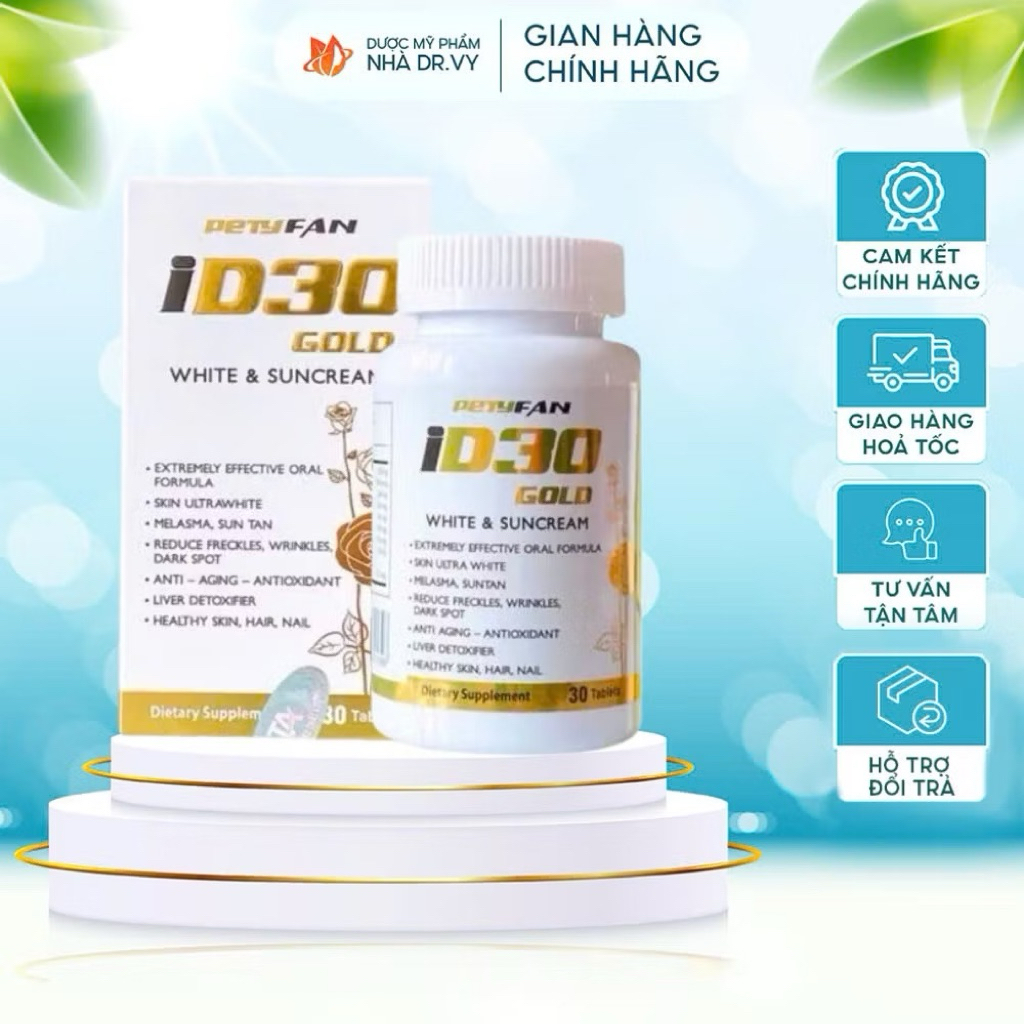 Viên uống trắng da Petyfan ID30 Gold - Hộp 30 viên trắng da, chống nắng ...