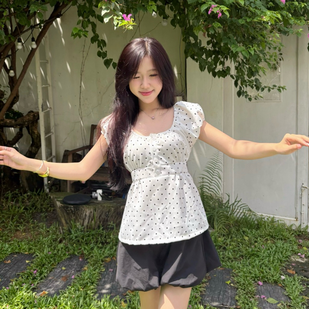 Áo Tay Phồng Chấm Bi ,Baby Doll Châm Bi Tay Phồng Bo Chung Top Nữ ...