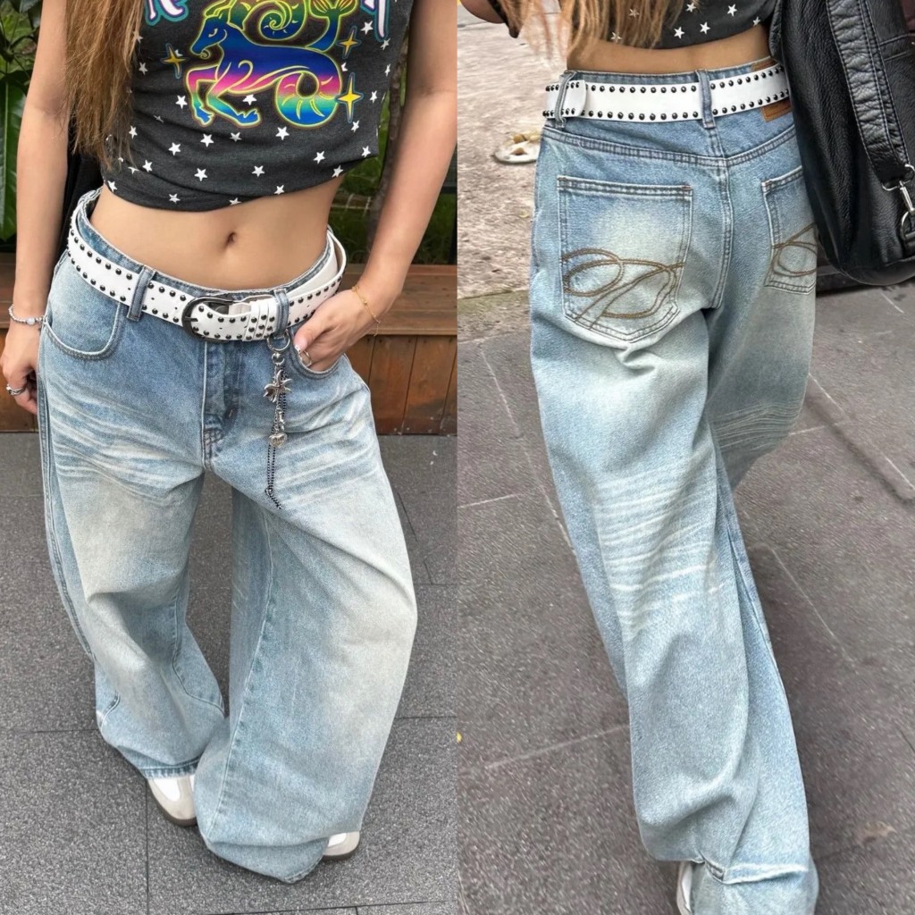 (sẵn) Quần jean wash ống rộng xanh nhạt hoạ tiết thêu túi chỉ nâu ...