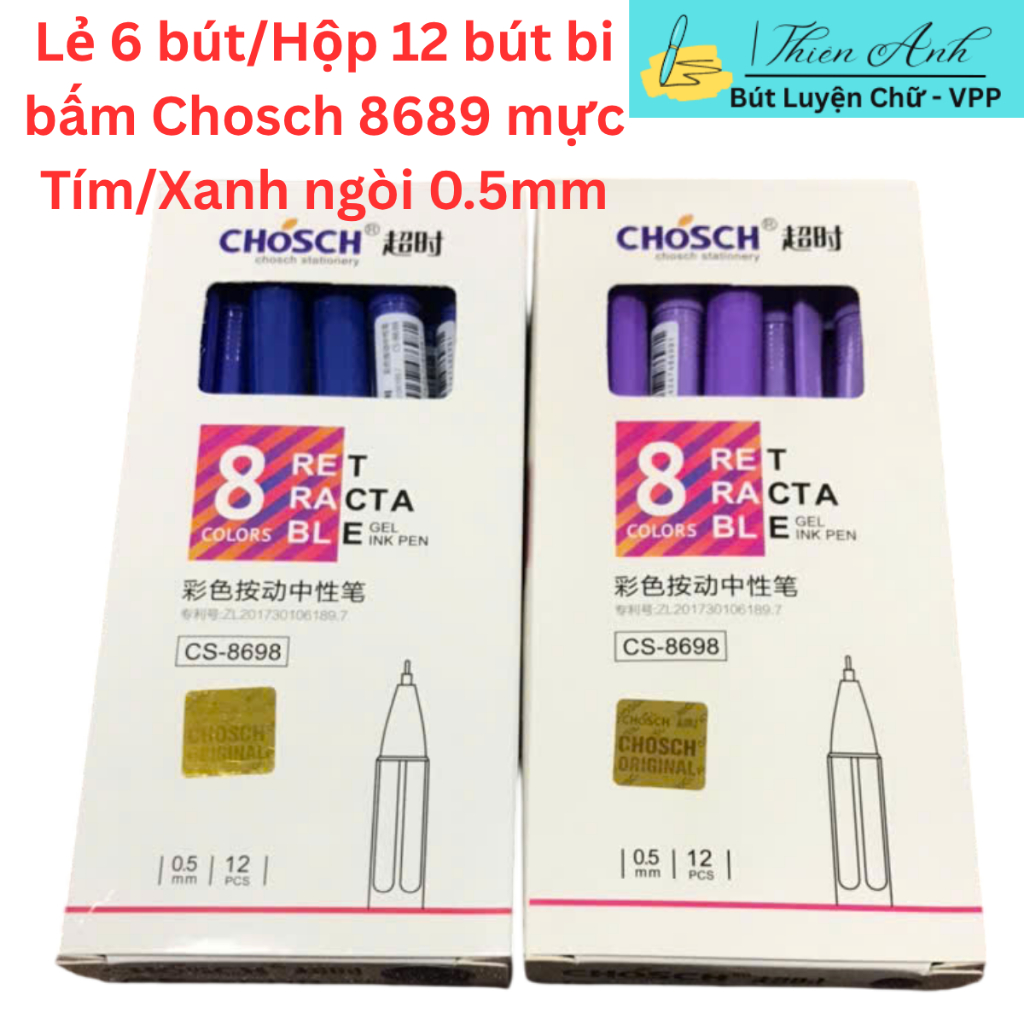 Lẻ 6 bút/Hộp 12 bút gel bấm Chosch 8689 mực Tím/Xanh ngòi 0.5mm màu mực ...