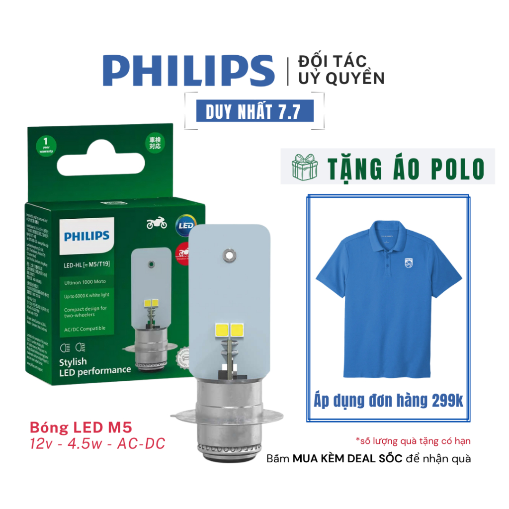 Bóng đèn LED Philips M5 Ultinon 1000 Moto AC/DC cho xe Honda Dream, Cub ...