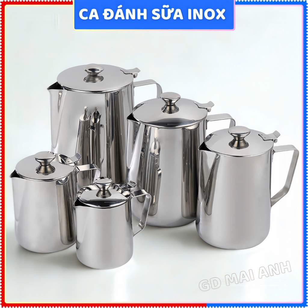 Ca đánh sữa, bình đánh sữa kèm nắp, bình đựng trà, cafe, chất liệu inox 304, dung tích 600 ...