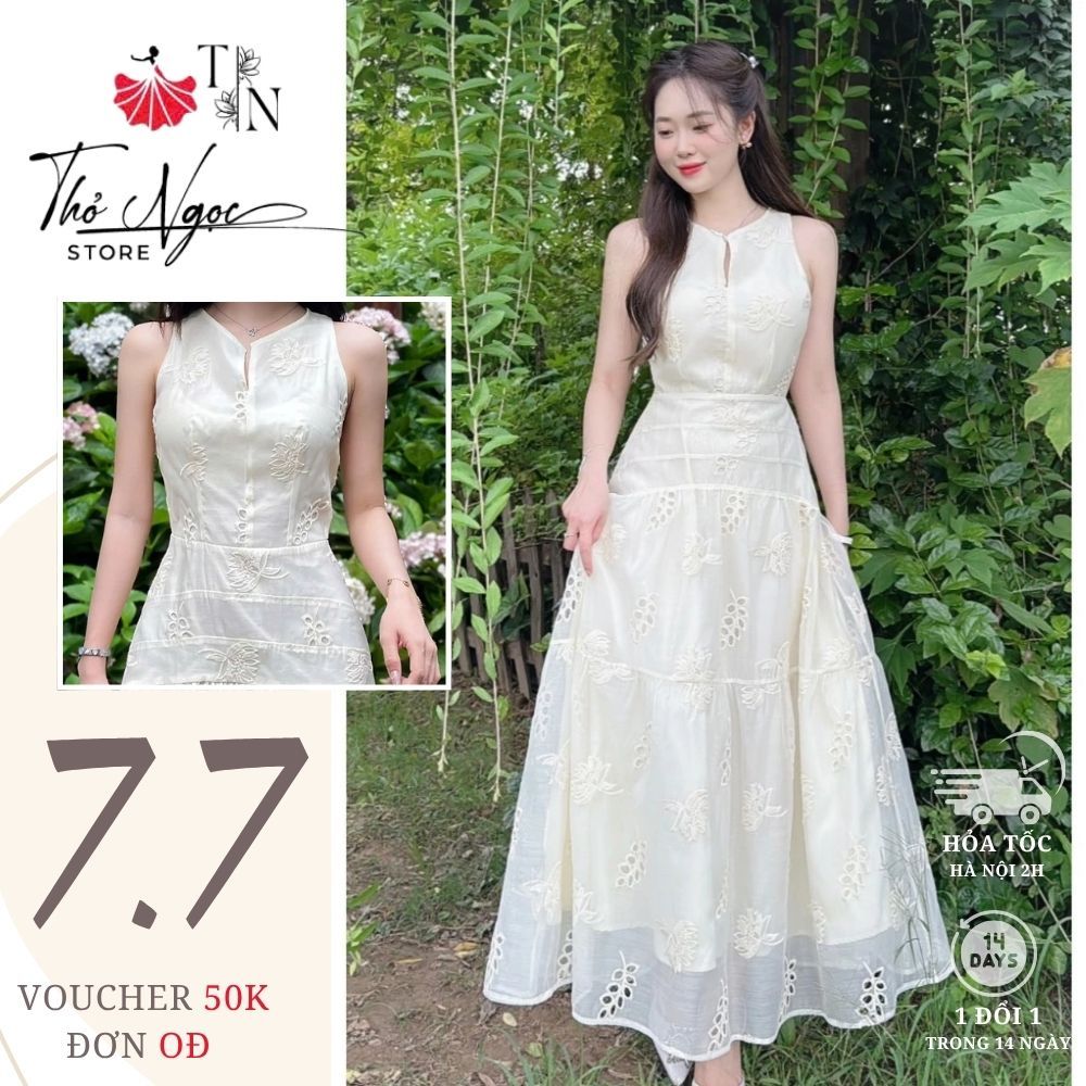 [7/7 VOUCHER 50K] Đầm cổ yếm dáng dài tơ thêu hoa nổi cao cấp Thỏ Ngọc.Store MX01 thiết kế thanh ...