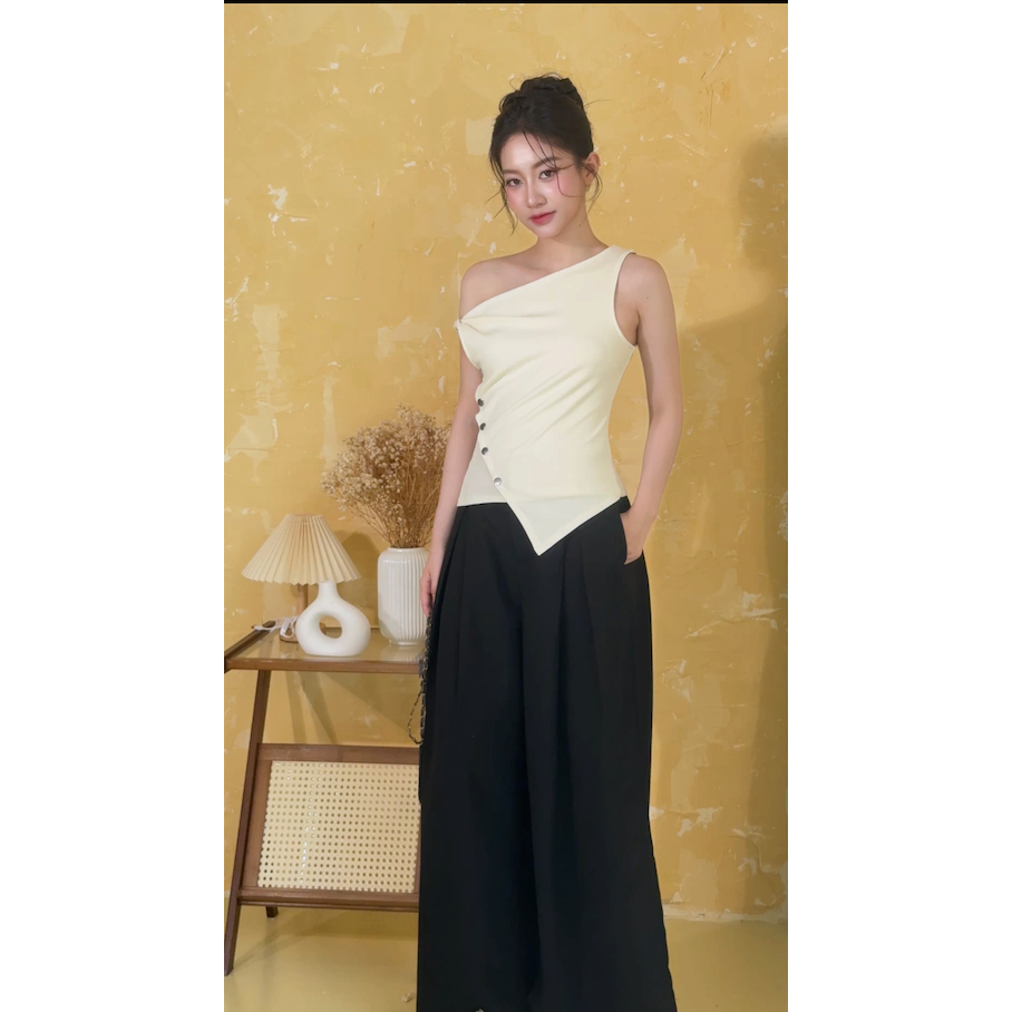Áo trễ vai nữ nút bấm cách điệu sang chảnh ôm body AINE TOP - áo lệch vai kiểu nữ áo trễ vai ...