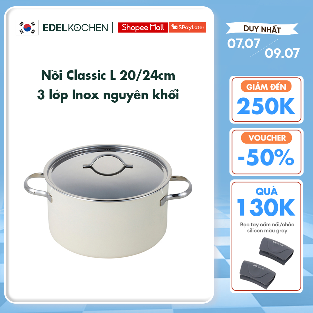 Nồi inox 3 lớp nguyên khối Edelkochen Classic L Collection size 18,20,24cm – Màu Mid Ivory ...