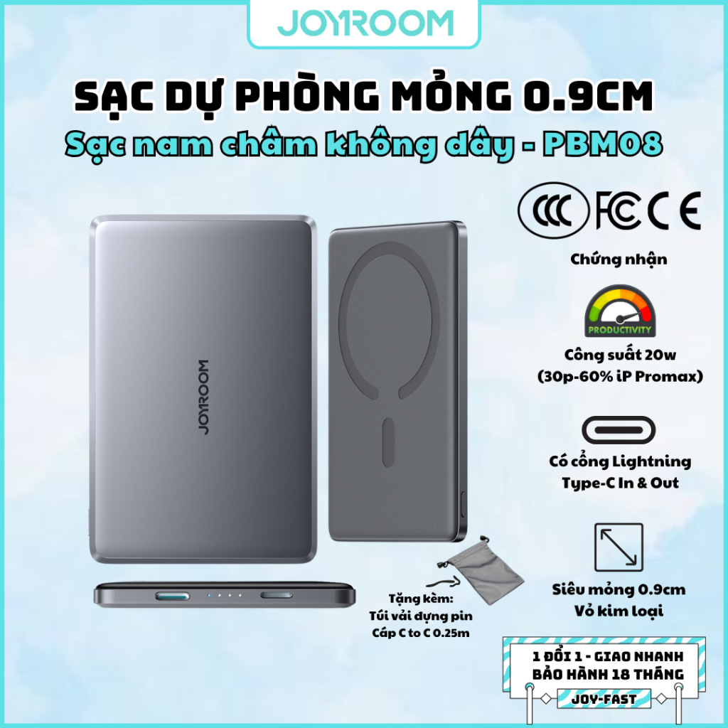 Sạc dự phòng không dây 20W nam châm Joyroom PBM08 siêu mỏng - Chính hãng VN chứng nhận 3C-FCC-CE ...
