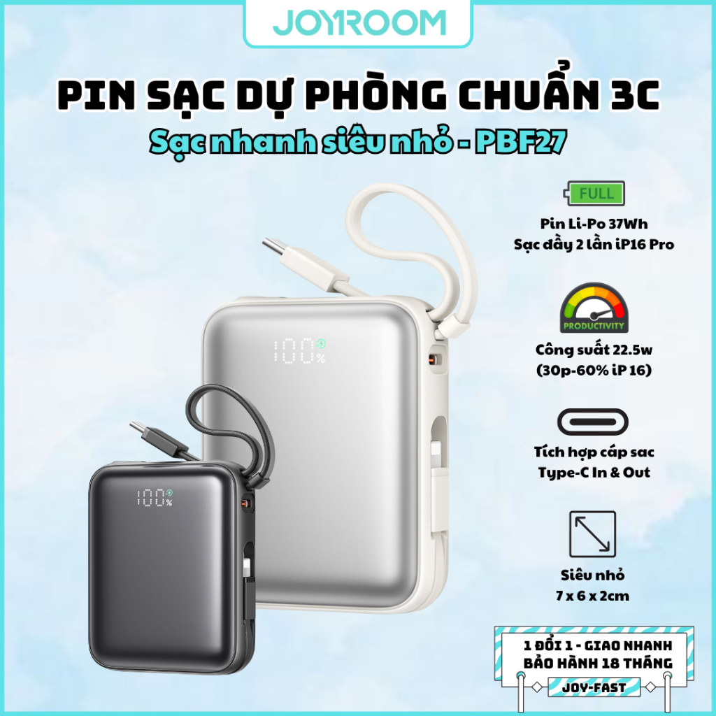 Sạc dự phòng 22.5W Joyroom PBF27 tích hợp 2 cáp sạc siêu nhỏ gọn màn hình LED chứng nhận 3C-FCC ...