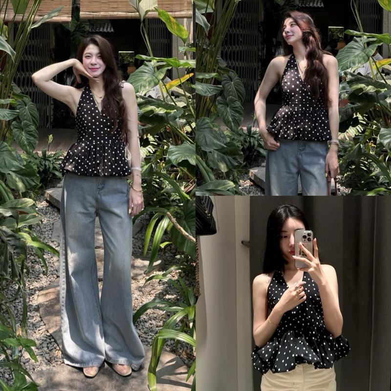 (KHÔNG KÈM MÚT) Áo yếm linen CHẤM BI dáng bí hở lưng chun sau DOTTIE TOP | Shopee Việt Nam