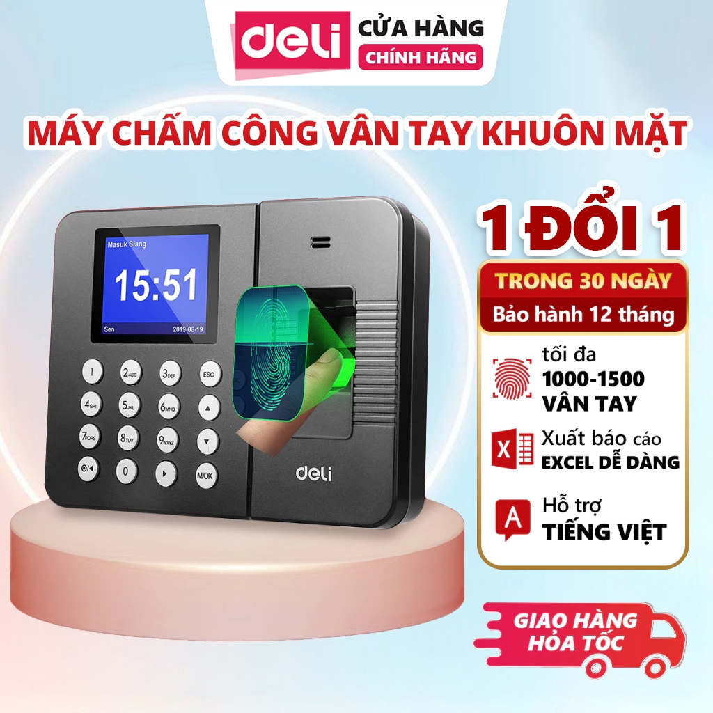 (VOUCHER 150K) Máy Chấm Công Vân Tay Và Khuôn Mặt DELI Có Tiếng Việt ...