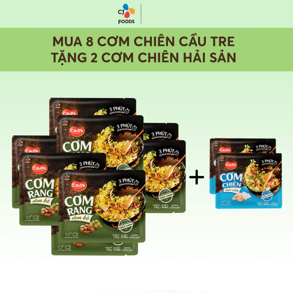[Mua 8 tặng 2 cơm chiên hải sản] Combo 8 cơm chiên Cầu Tre 210g x 8 (Hải sản x2, Dưa bò, Gà cháy ...