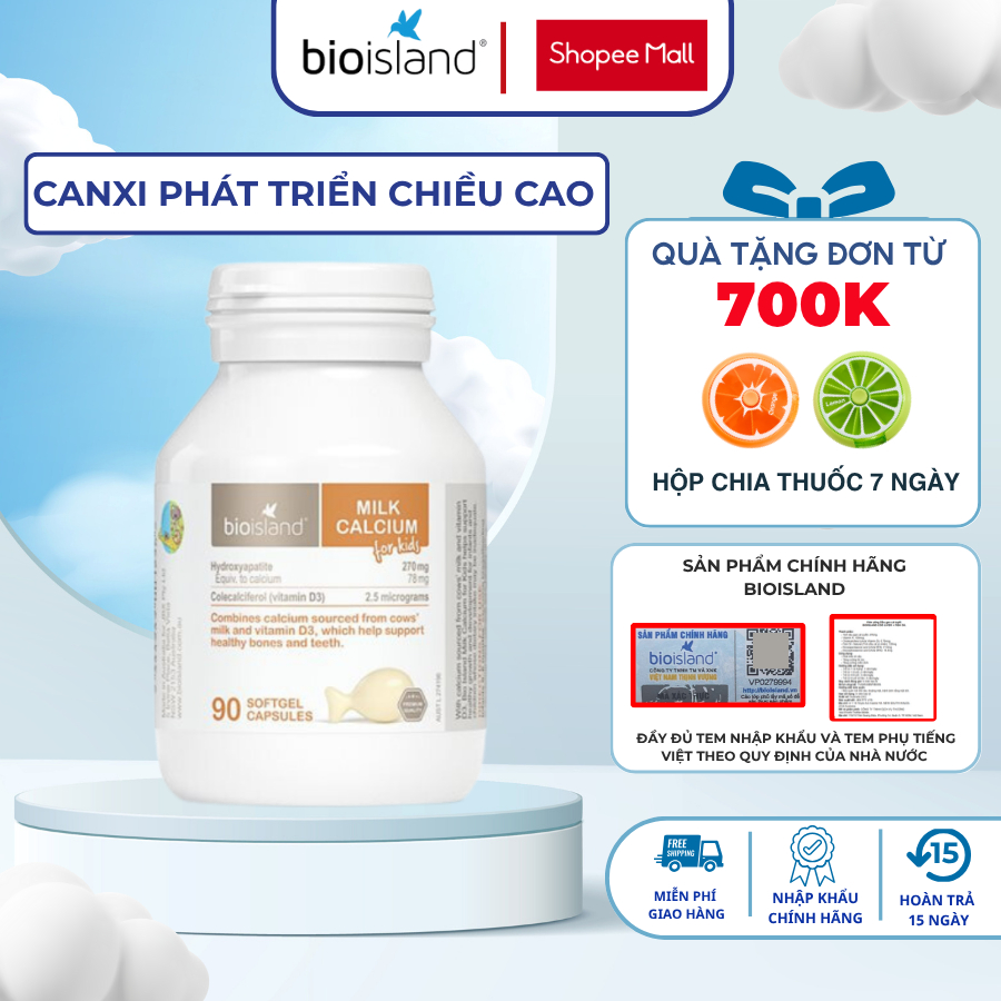 Canxi sữa BioIsland Milk Calcium For Kids cho trẻ phát triển chiều cao, xương khớp và tăng cường ...