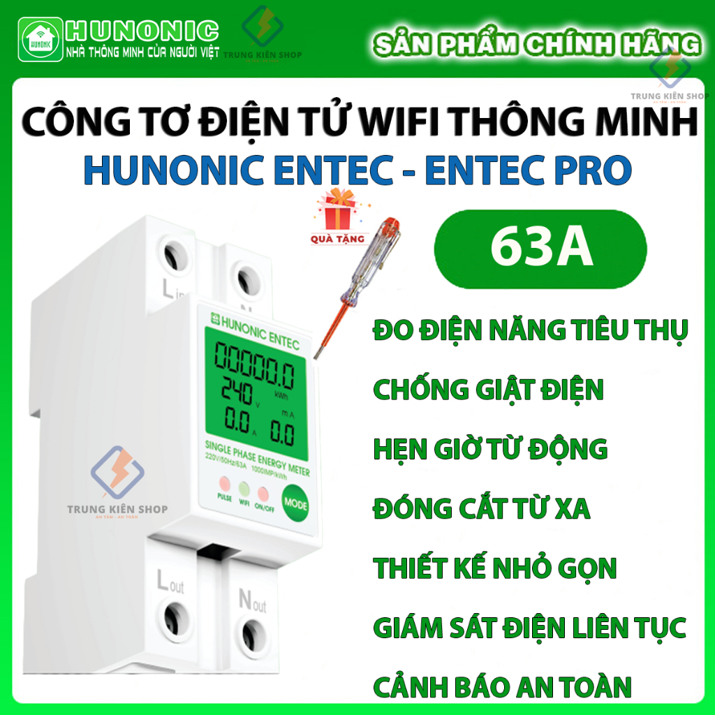[CÓ VAT] Công Tơ Điện Tử Wifi Hunonic Entec, Entec Pro, Đóng Cắt, Theo Dõi, Đo Điện Năng Tiêu ...