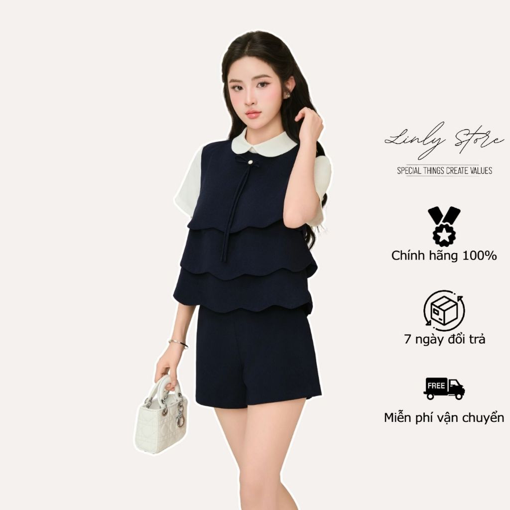 Set áo kiểu nữ thiết kế sóng tầng phối cổ sen và quần short ống rộng cạp cao tiểu thư Linly ...