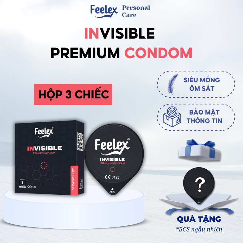 Bao cao su Feelex Invisible siêu mỏng, nhiều gel bôi trơn, hương dâu ...