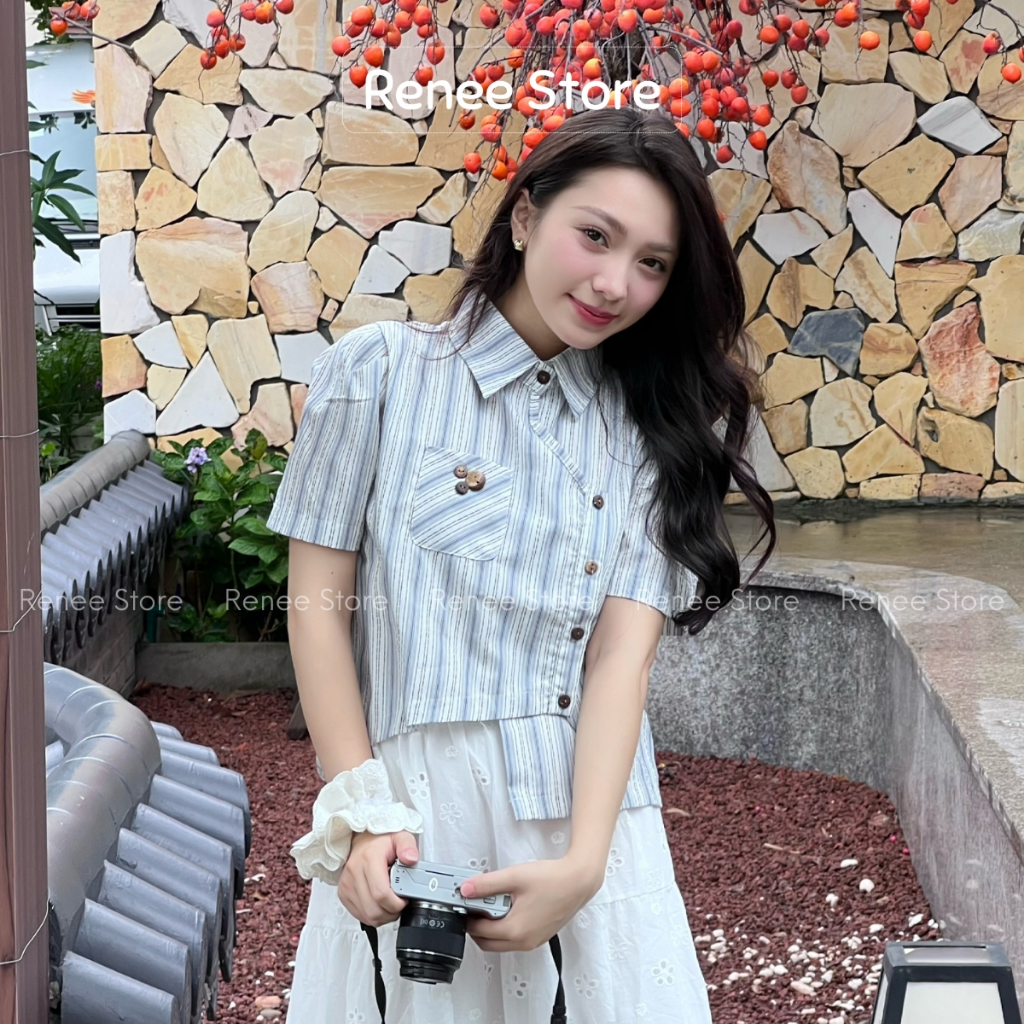 Áo sơ mi kẻ cộc tay vạt lệch, áo sơ mi nữ kiểu cúc gỗ phong cách Hàn ...
