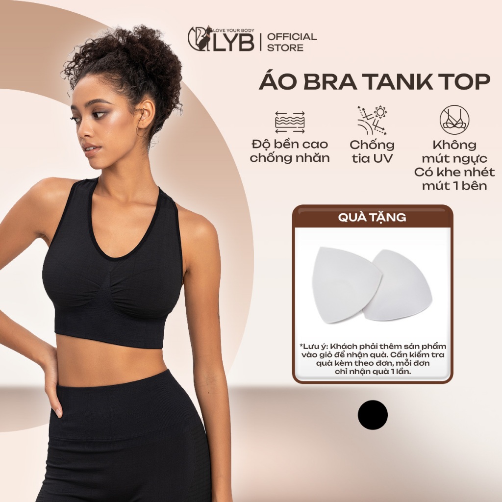LYB - Áo bra tank top tập gym yoga nữ, chất dệt kim co giãn thoáng khí, không mút, có khe nhét 1 ...